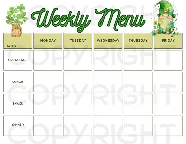 St. Patrick's Day Leprechaun March Weekly Menu Planner - Etsy
