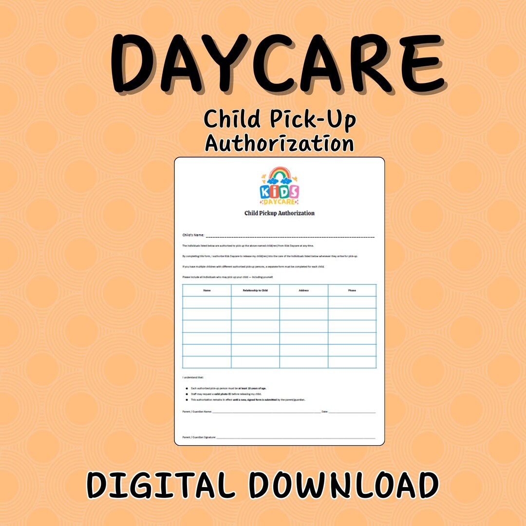 Child Pickup Form Template | Editable Daycare Form | Preschool ...