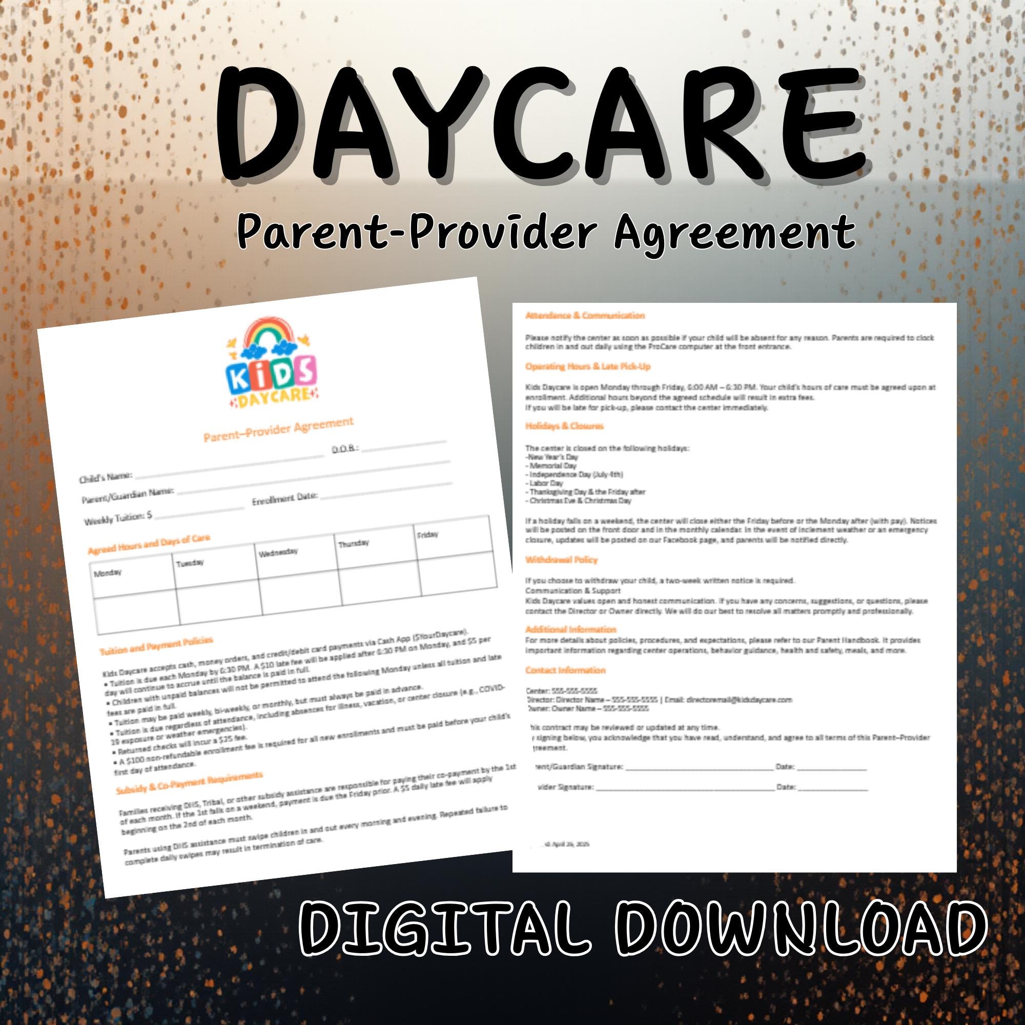 Editable Daycare Parent Contract | Childcare Agreement Template ...
