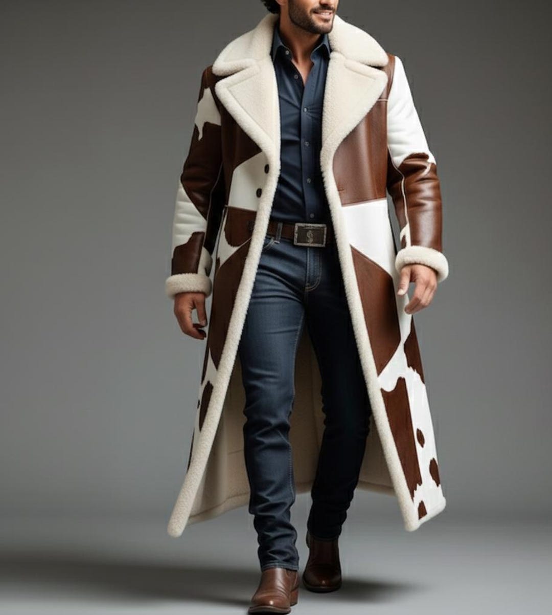 Men's Cow Print Faux Shearling Trench Coat | Full-length Western ...