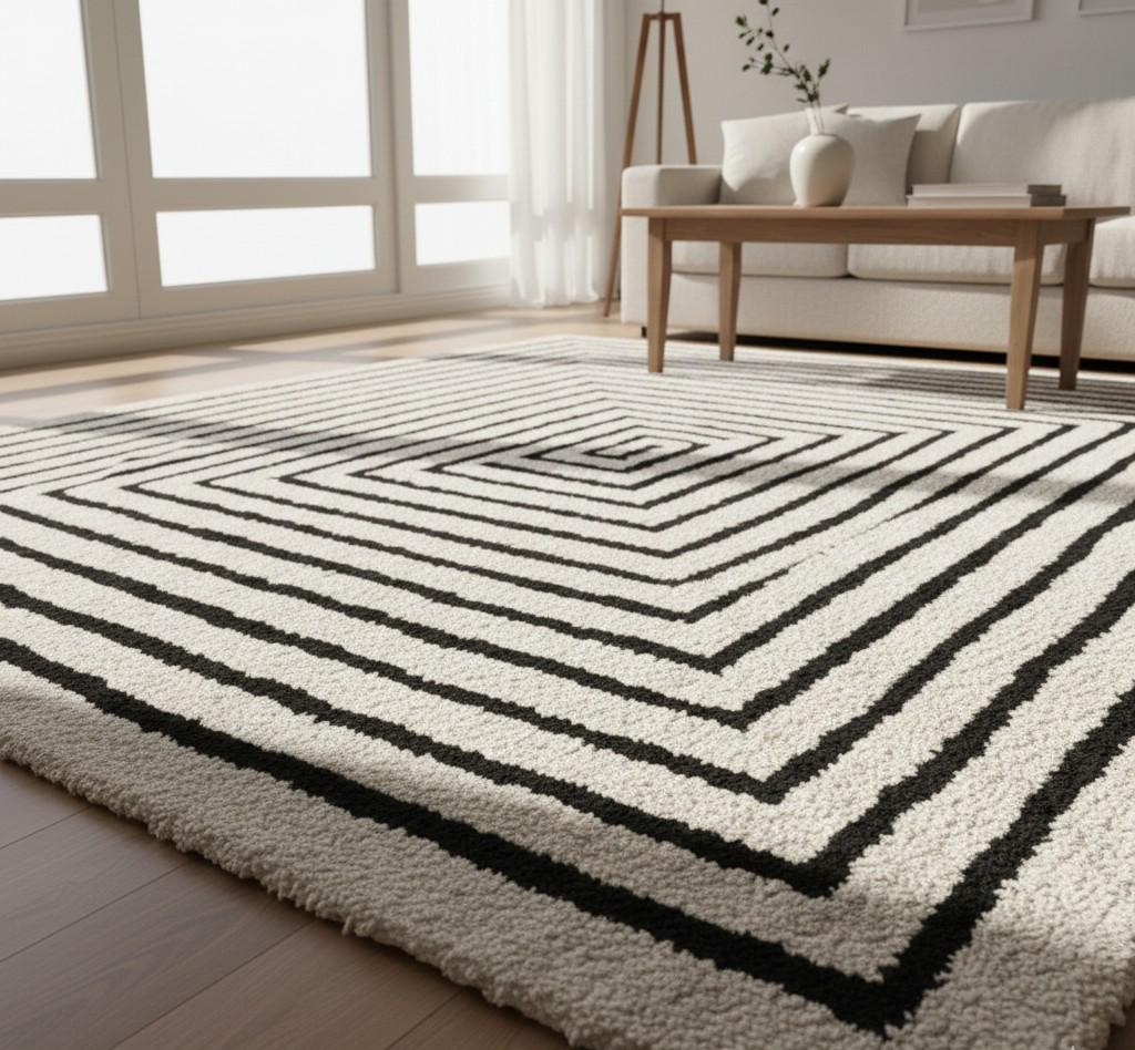 Modern Black & White Geometric Area Rug – Minimalist Spiral Design ...