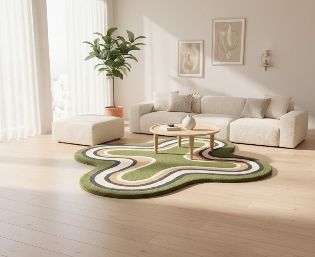 Modern Organic Moss Wave Rug – Green & Neutral Tufted Carpet for Luxury ...