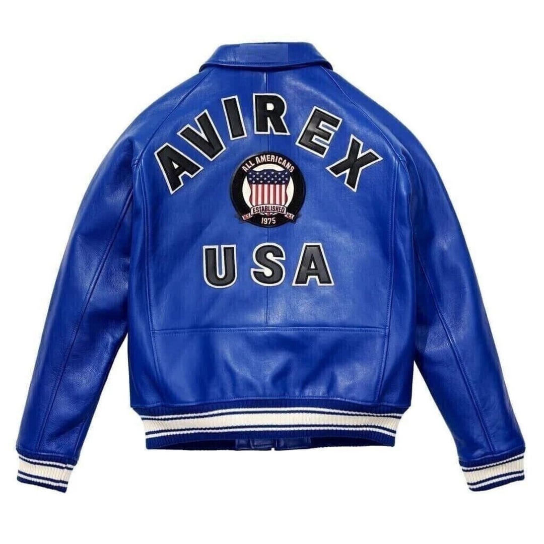 Men's Avirex Blue Bomber Jacket | Real Leather American Flight Coat ...