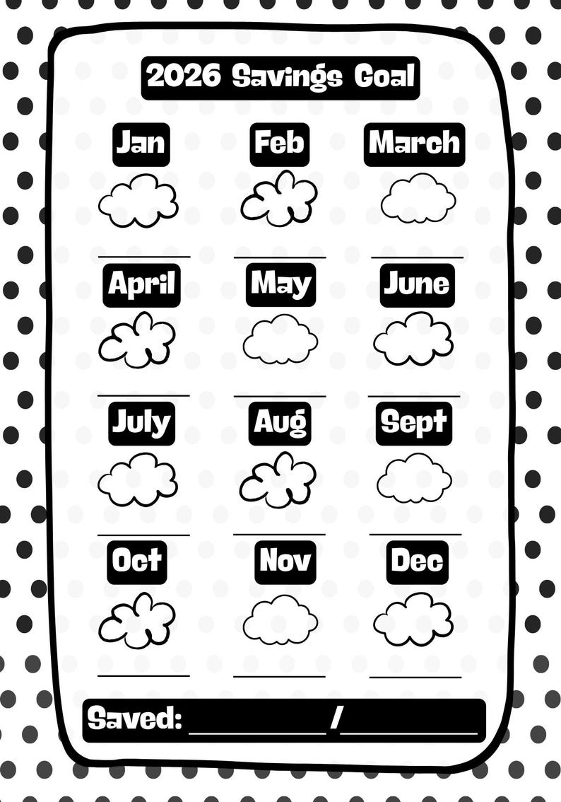 2026 Savings Goal Tracker PNG | Black and White Polka Printable | Cute ...