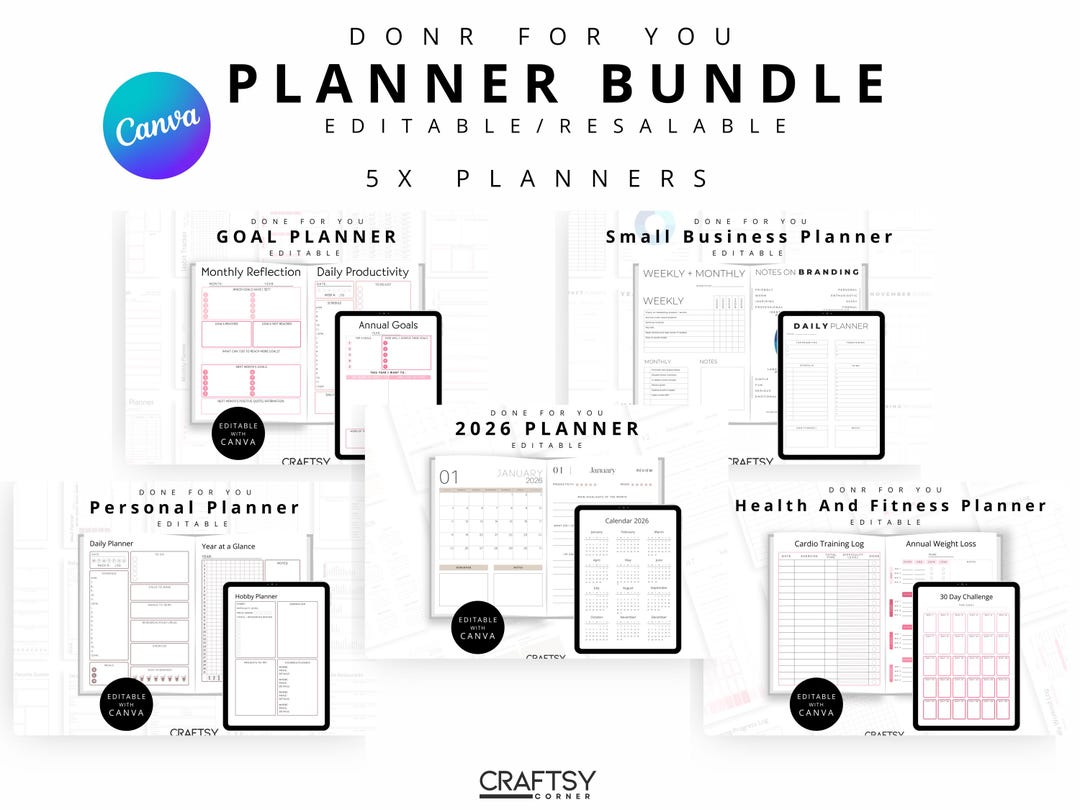 Canva Planner Bundle | 5 Editable Planners | Goal, Business, Health ...