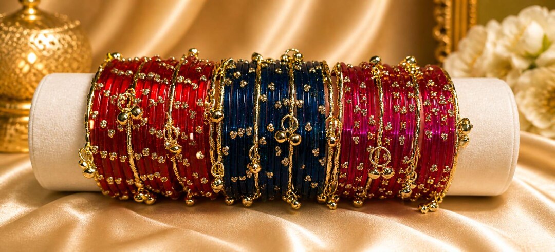 Indian Bridal Chura Glass Bangles Set | Red Blue Pink Gold Charms ...