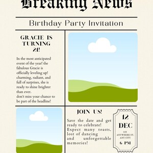 Newspaper Birthday Invitation, Customisable Canva Template (digital ...