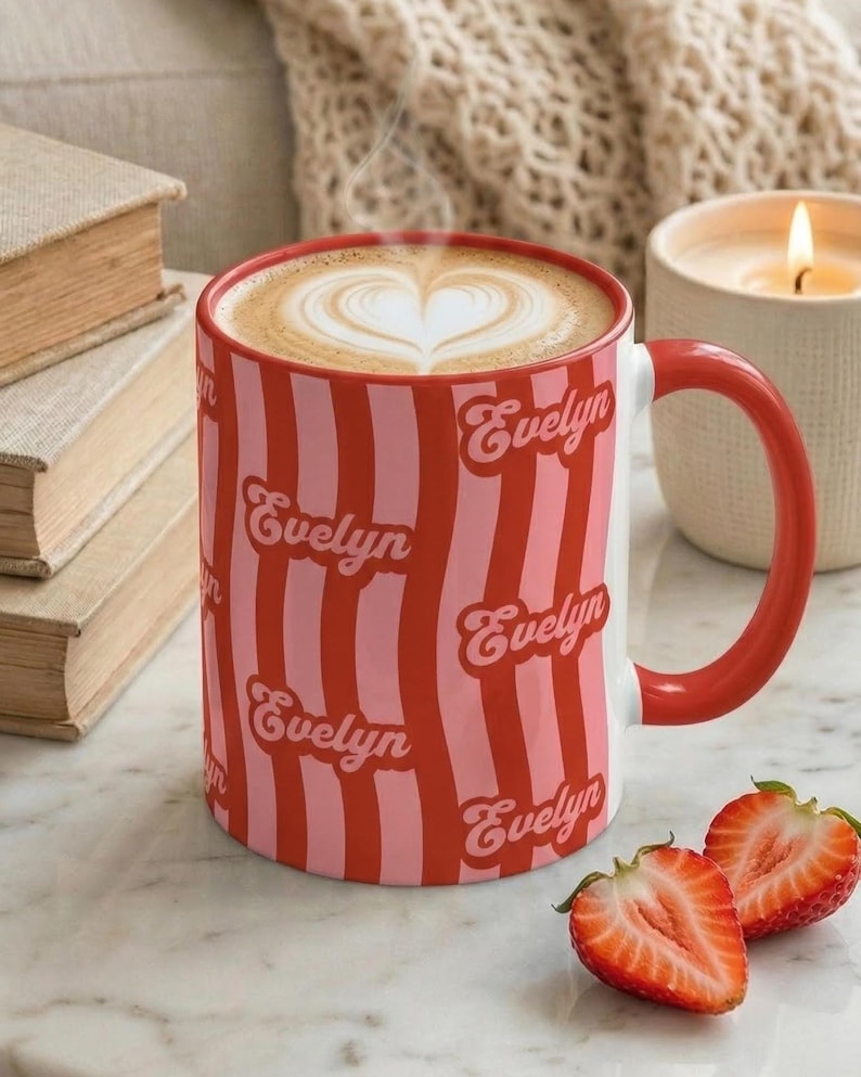 Personalized Retro Stripe Mug, Custom Name Coffee Cup, Red & Pink ...