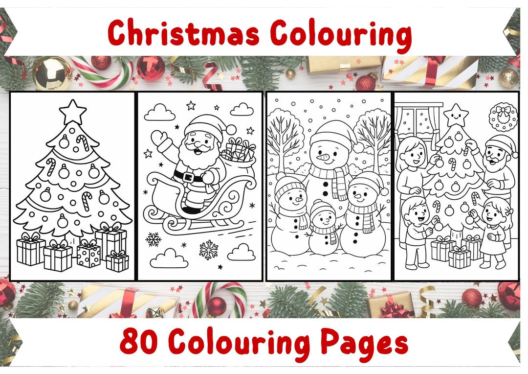 80-page Christmas Colouring Book for Kids, Printable Holiday Colouring ...