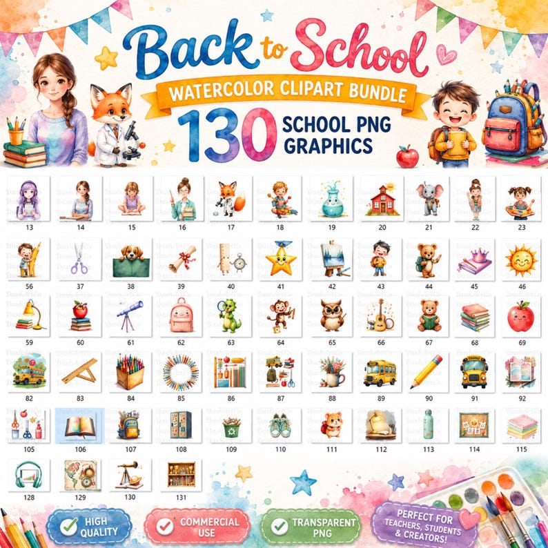 Watercolor Back to School Clipart Bundle, 130 PNG Graphics, Teacher ...