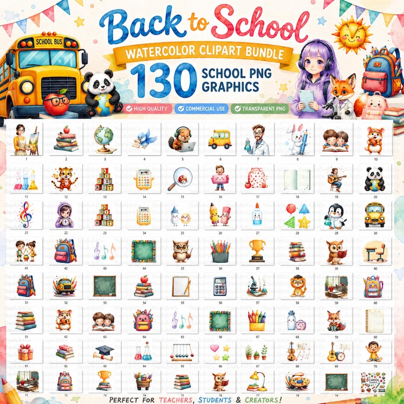 Watercolor Back to School Clipart Bundle, 130 PNG Graphics, Teacher ...