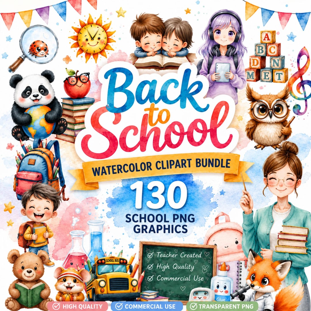 Watercolor Back to School Clipart Bundle, 130 PNG Graphics, Teacher ...