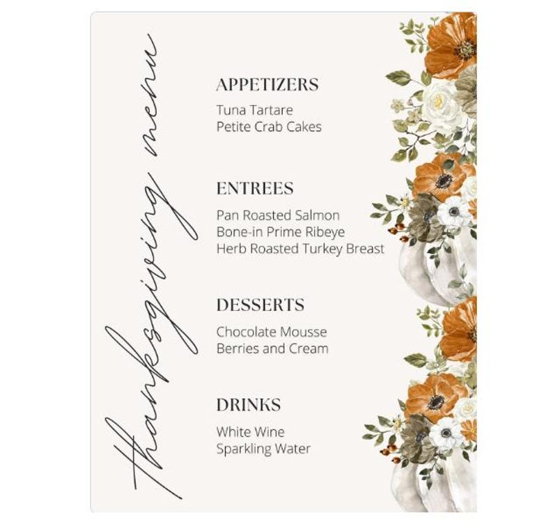 Thanksgiving Menu Printable | Editable Fall Menu Template | Holiday ...