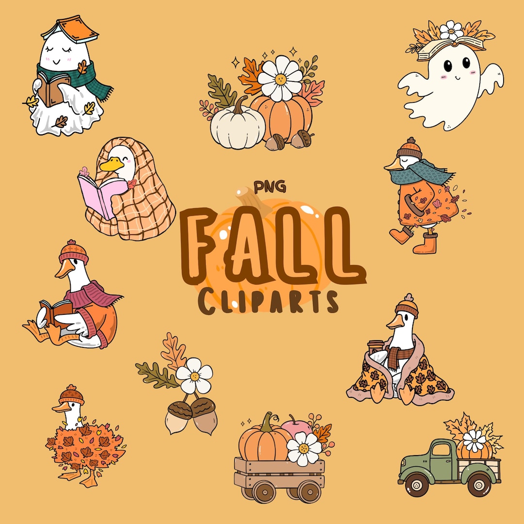 Fall Clipart Bundle, Cute Autumn PNG Set, Pumpkin Thanksgiving Graphics ...