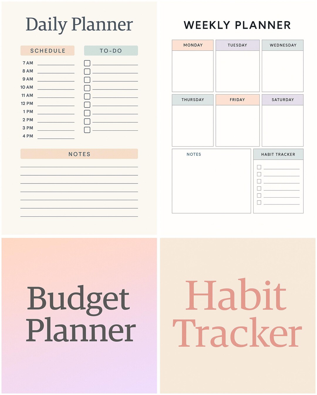 Productivity Planner Bundle – Digital PDF Set of Daily, Weekly, Budget ...