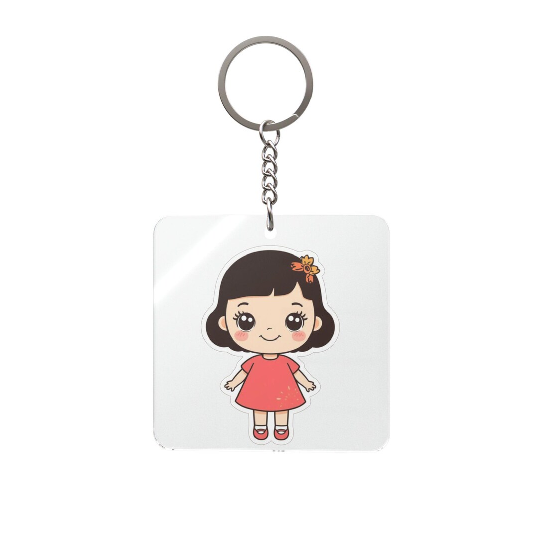 Cute Little Girl Cartoon Square Keychain | Kawaii Doll Charm - Etsy