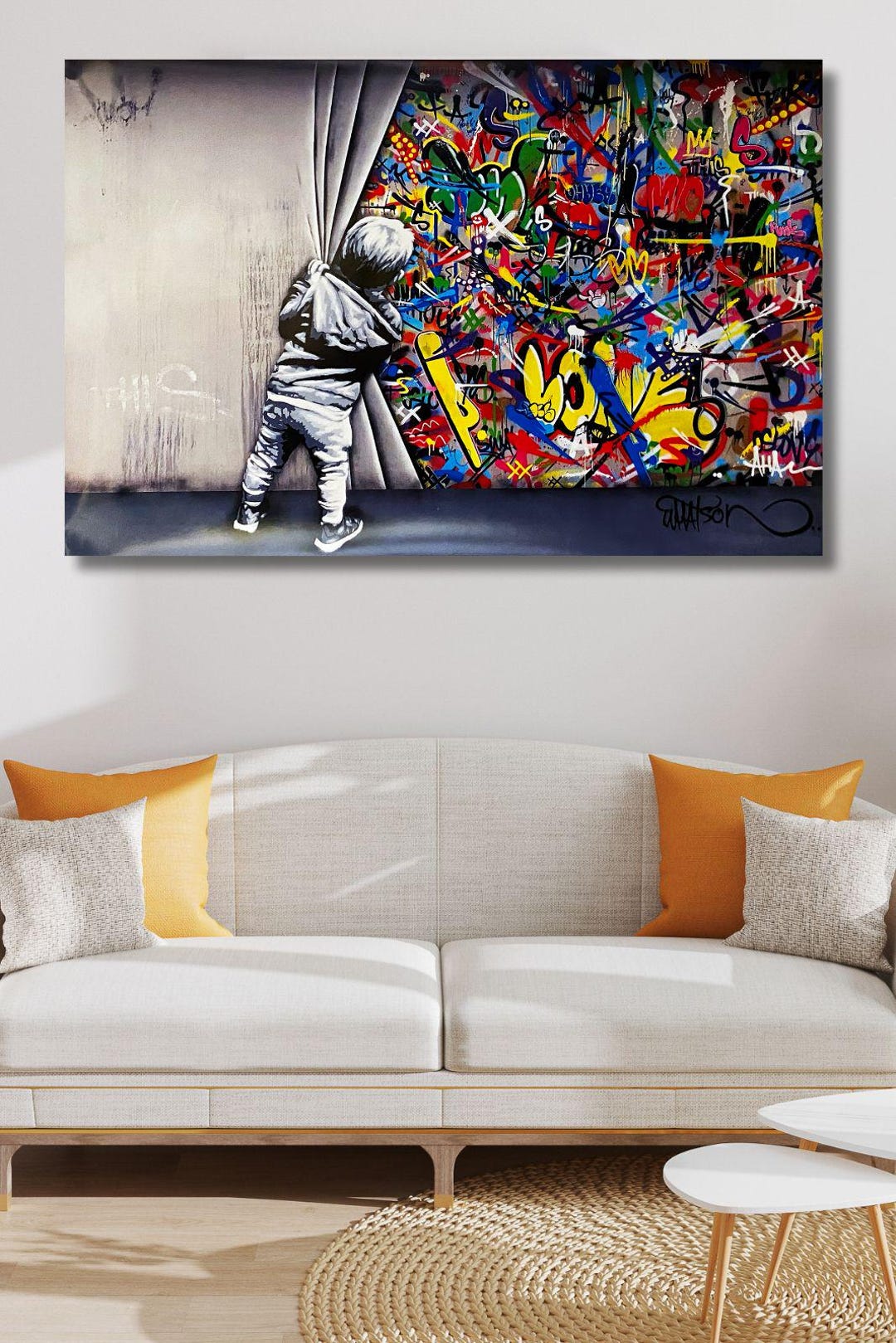 Banksy Child With Curtain Canvas Wall Art, Street Art Graffiti Painting ...