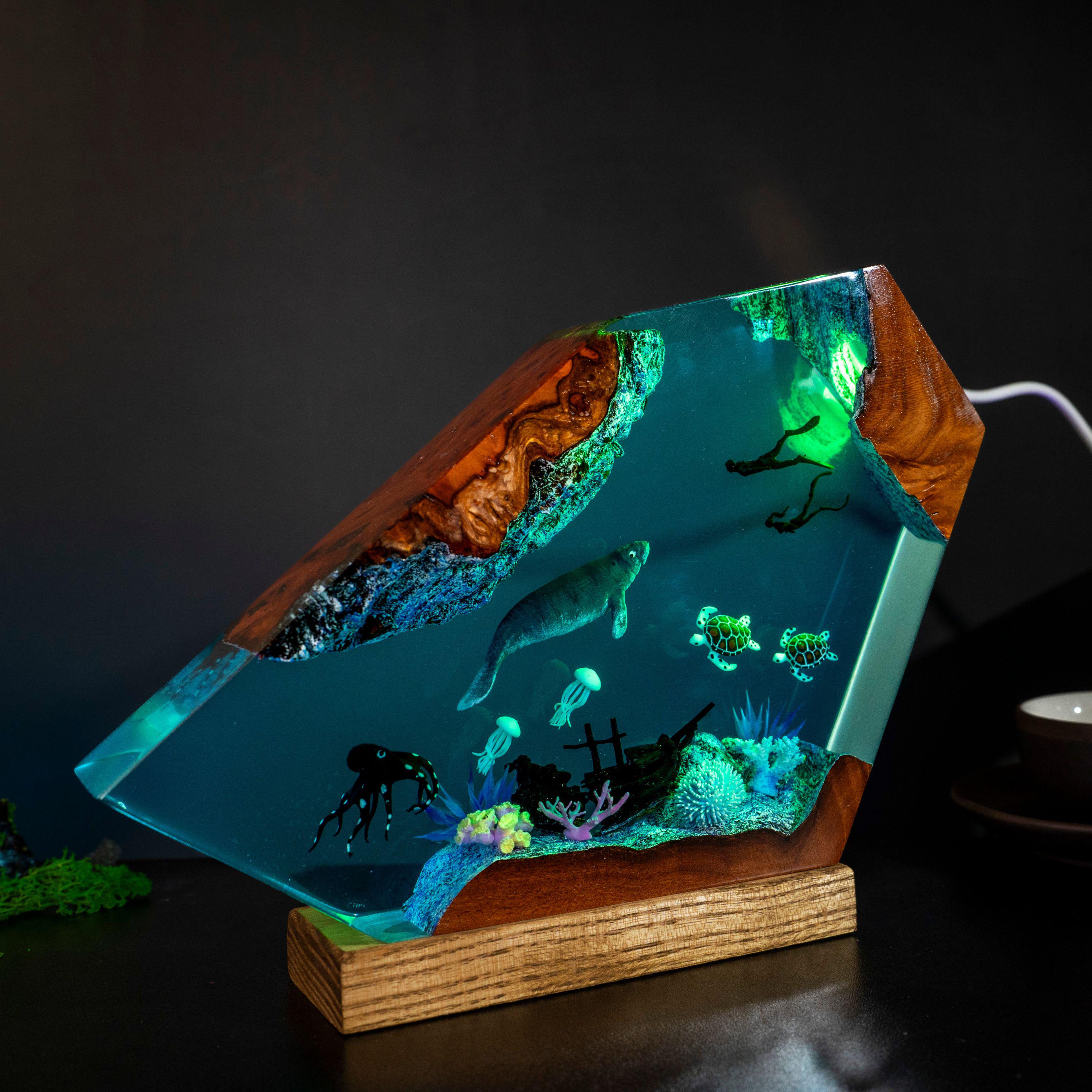 Manatee and Octopus Resin Night Light, Handmade Ocean Epoxy Lamp ...