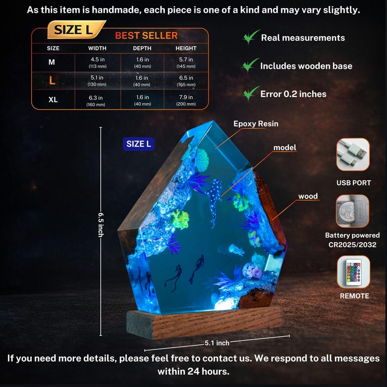 Ocean Whale Shark Resin Night Light – Handmade Ocean Lamp With Coral ...