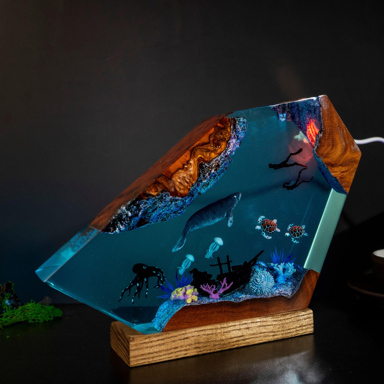 Manatee and Octopus Resin Night Light, Handmade Ocean Epoxy Lamp ...