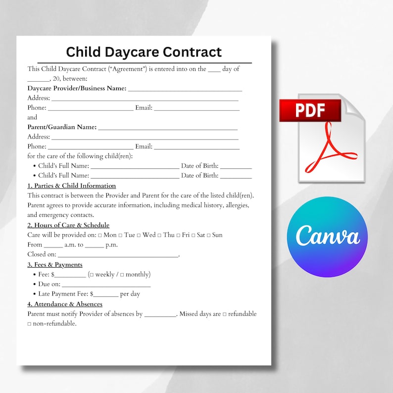 Daycare Contract, Daycare Agreement, Contract Template, Agreement ...