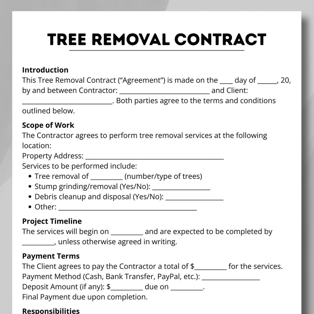 Tree Removal Contract, Editable Tree Removal Service Form Template ...