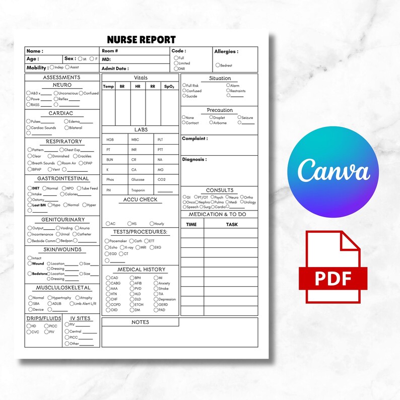Nursing Brain Sheet, Nurse Report Sheet, ICU Nurse Report, Nurse ...