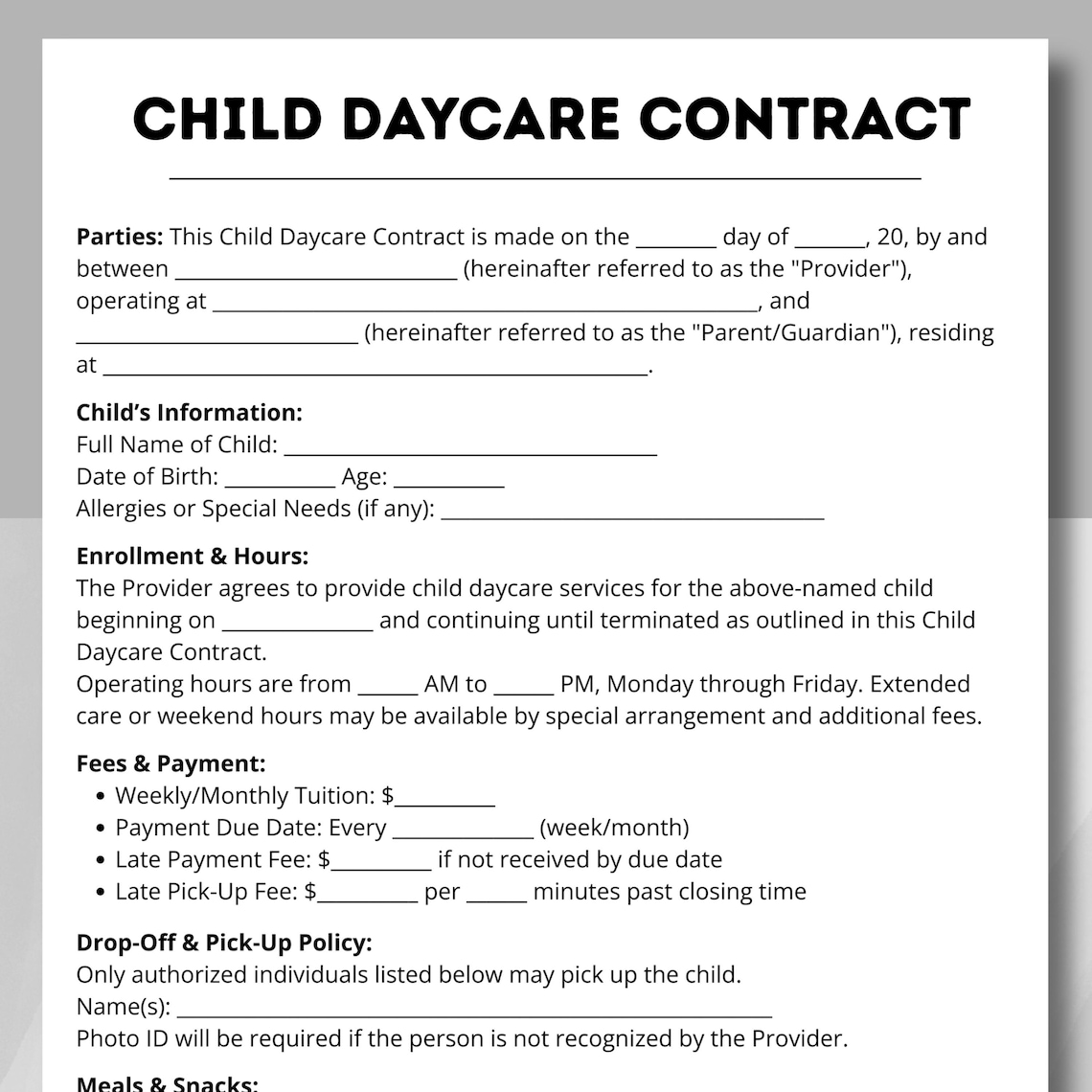 Daycare Contract, Daycare Agreement, Contract Template, Agreement ...