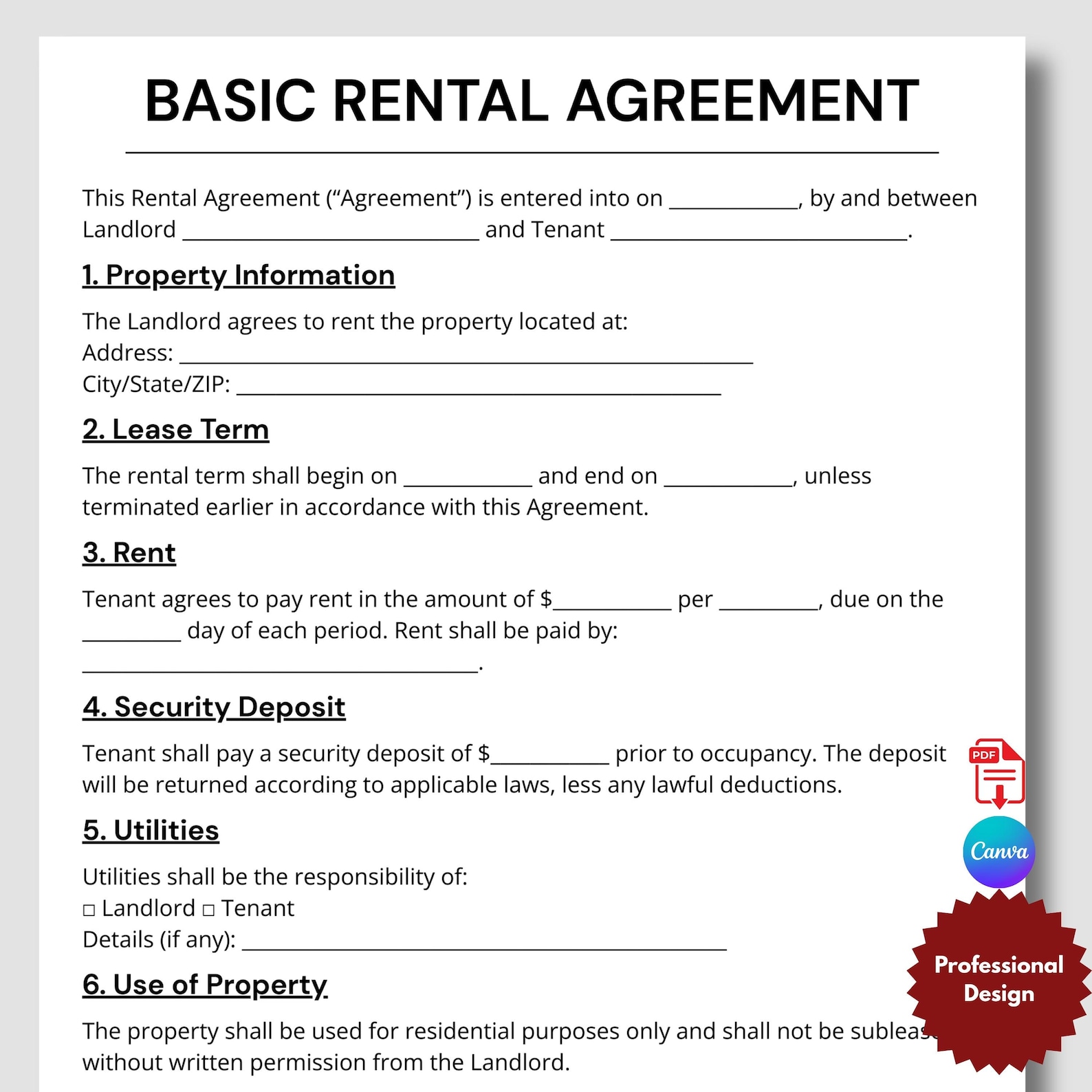 Basic Rental Agreement Pdf, Printable Agreements, Fillable Rental Form ...