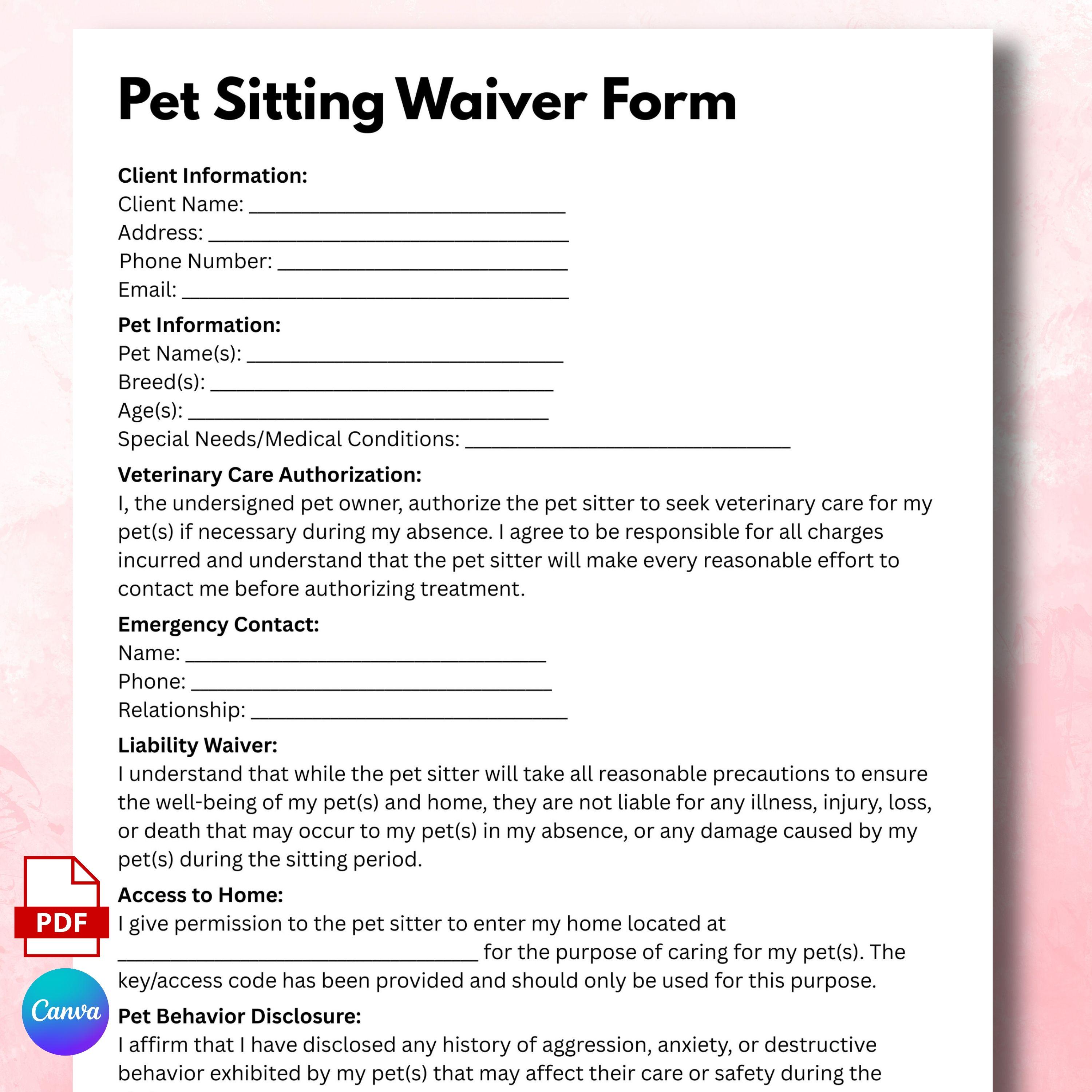 Pet Sitting Waiver, Pet Waiver Form, Pet Sitting Form, Dog Boarding ...