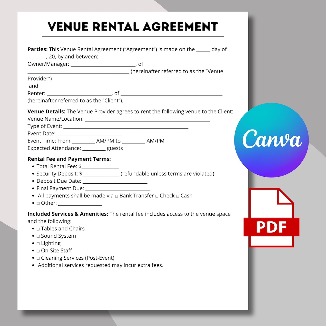 Venue Rental Agreement Template, Editable Canva & PDF, US Letter Size ...