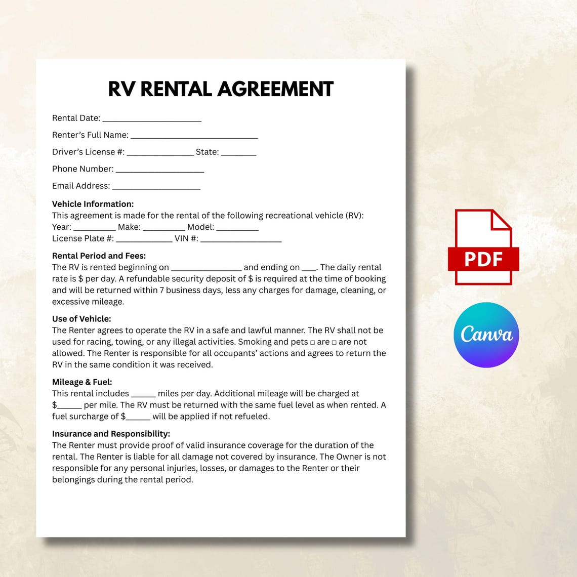 Rv Rental Agreement, Motorhome Contract, Rv Rental Contract, Simple ...