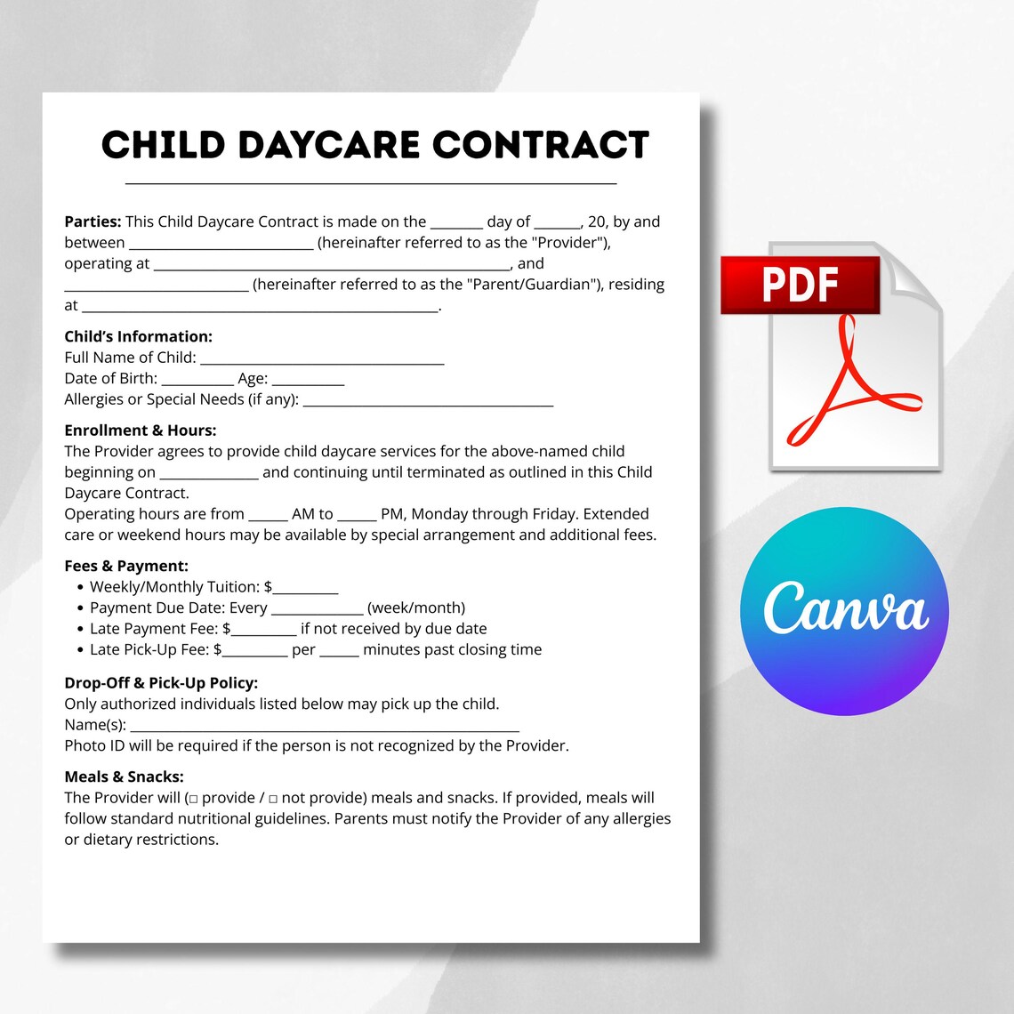 Daycare Contract, Daycare Agreement, Contract Template, Agreement ...