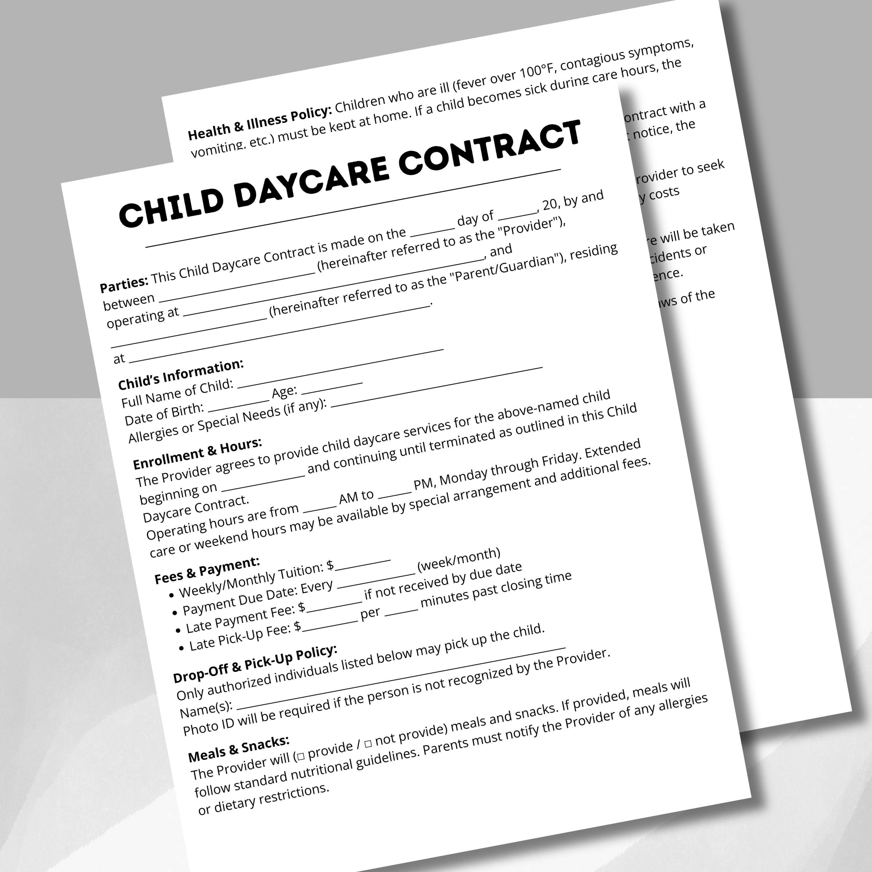 Daycare Contract, Daycare Agreement, Contract Template, Agreement ...