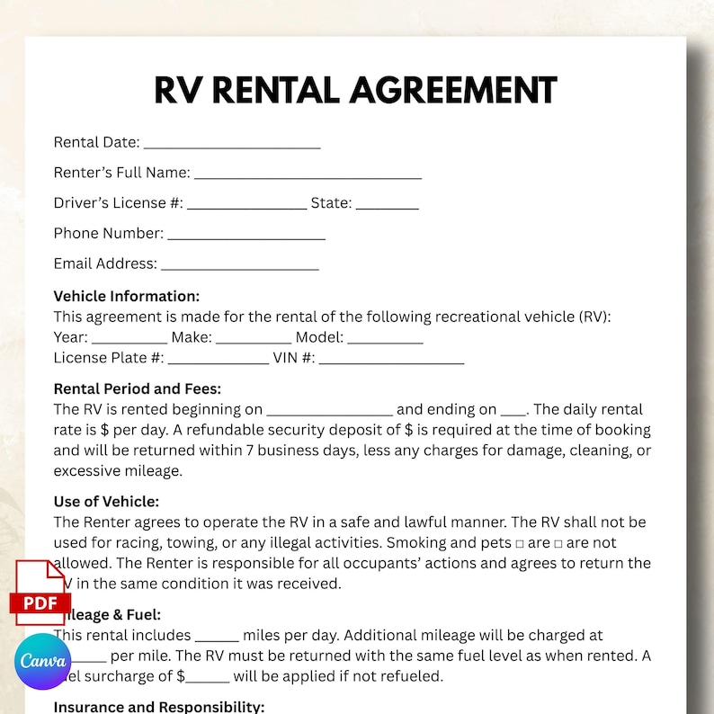 Rv Rental Agreement, Motorhome Contract, Rv Rental Contract, Simple ...