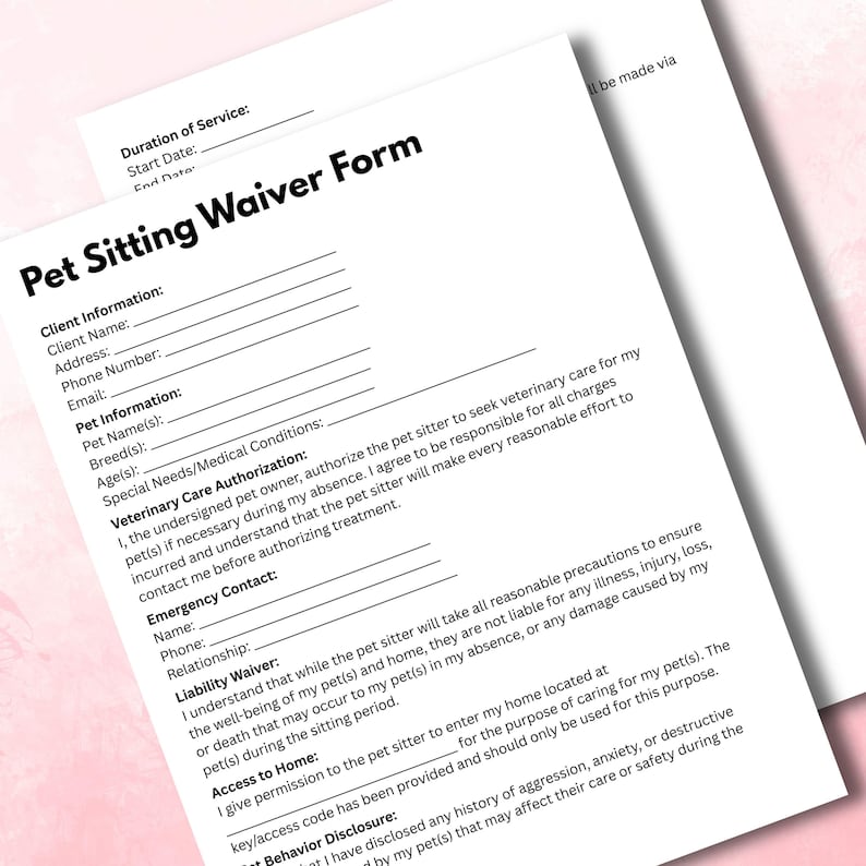 Pet Sitting Waiver, Pet Waiver Form, Pet Sitting Form, Dog Boarding ...