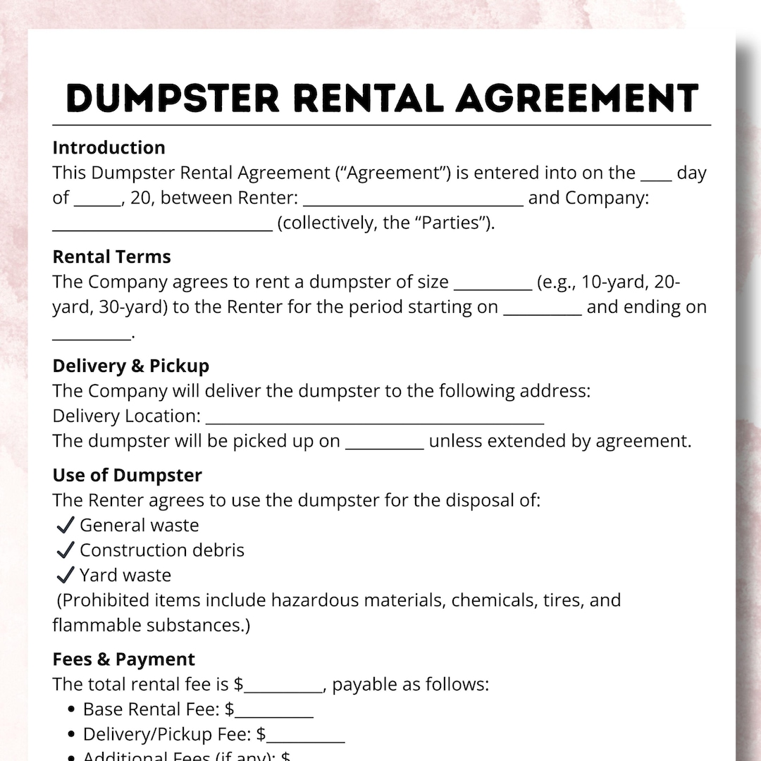 Dumpster Rental, Agreement Template, Waste Disposal, Event Cleanup ...