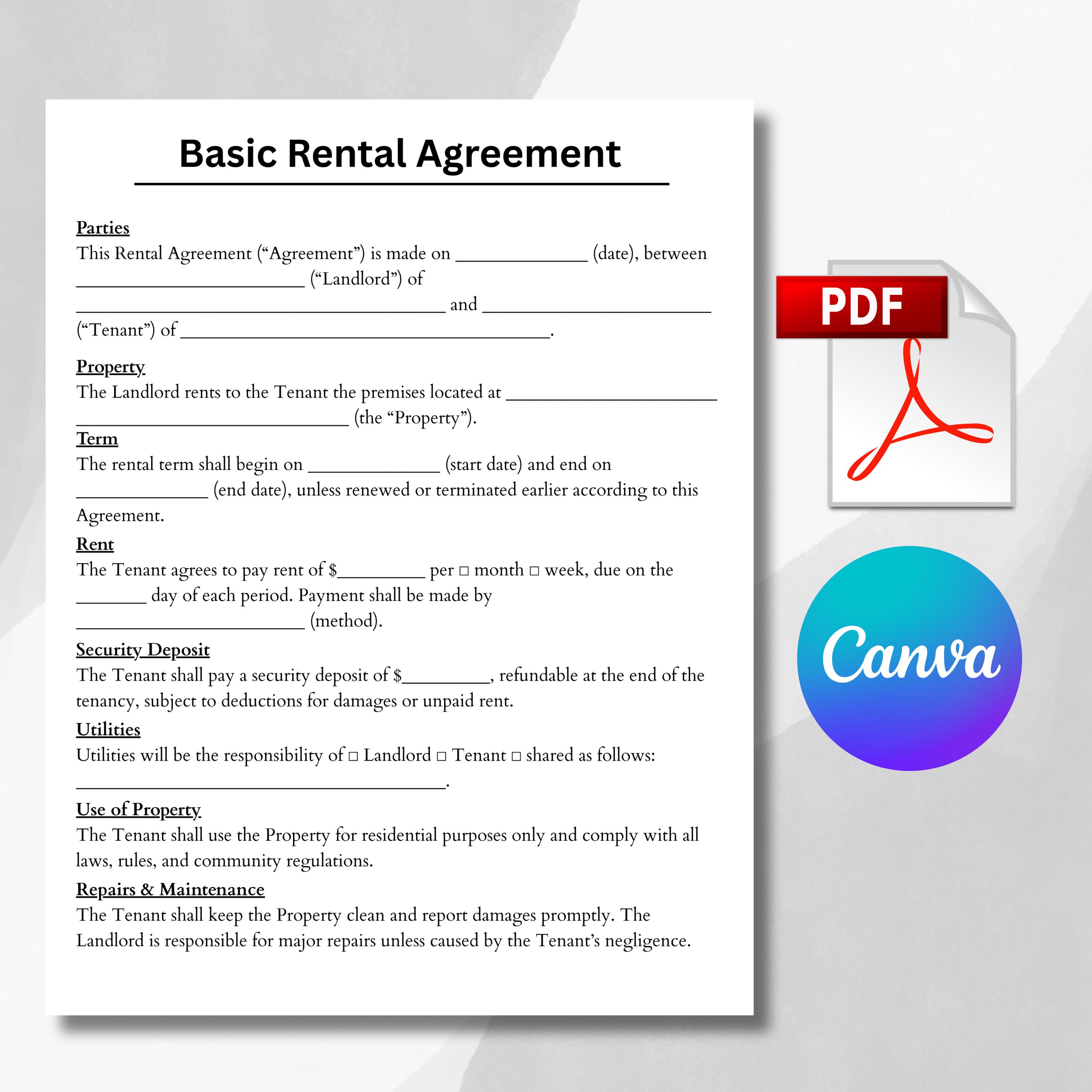 Basic Rental Agreement Template: Editable Lease Contract (canva & PDF ...