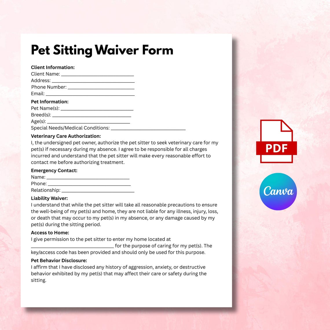 Pet Sitting Waiver, Pet Waiver Form, Pet Sitting Form, Dog Boarding ...