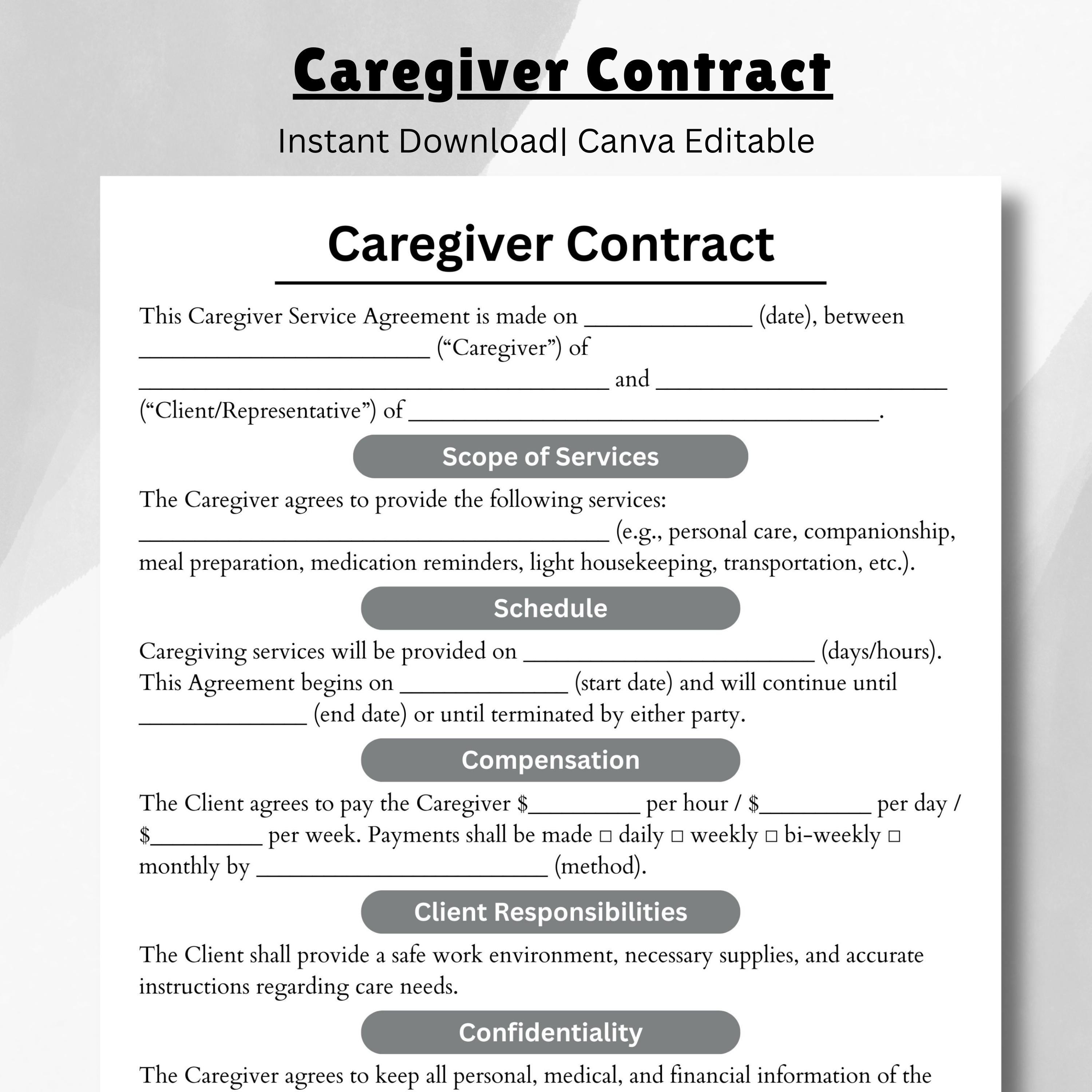Editable Caregiver Contract Template: In-home Care Agreement (PDF ...