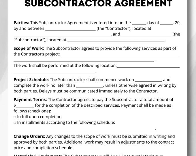 Subcontract Template, Subcontractor Forms, Subcontracting Contr ...