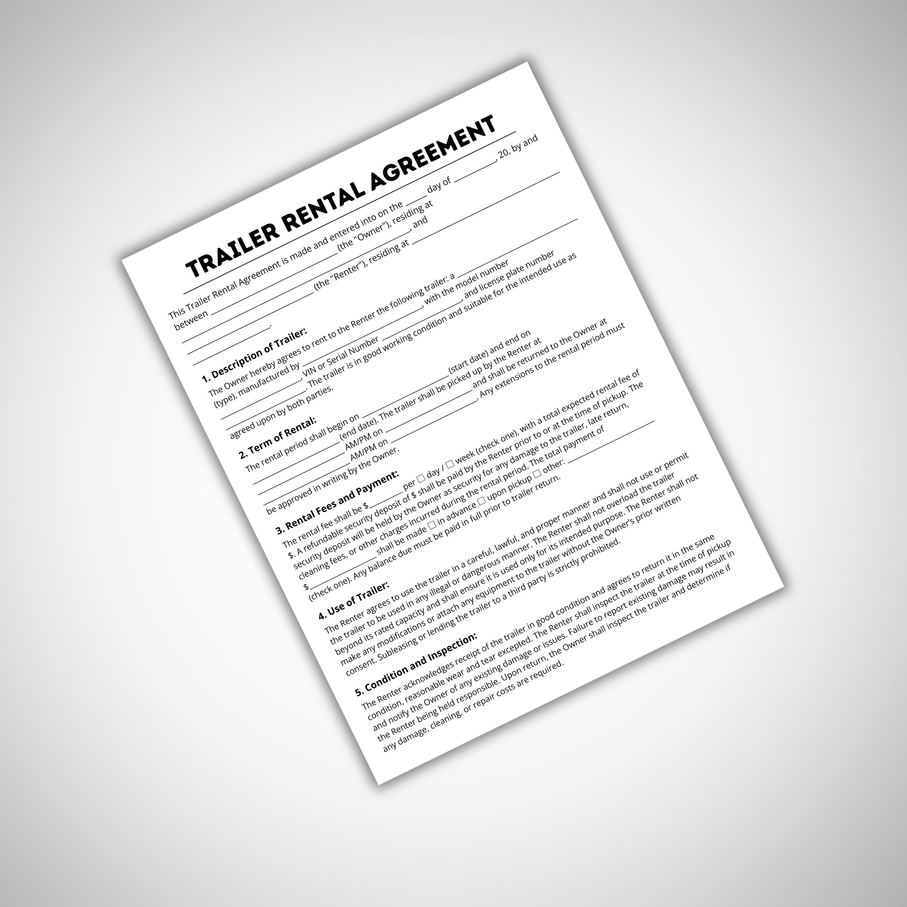 Trailer Rental Form, Trailer Agreement, Rental Contract, Rent Agreement ...