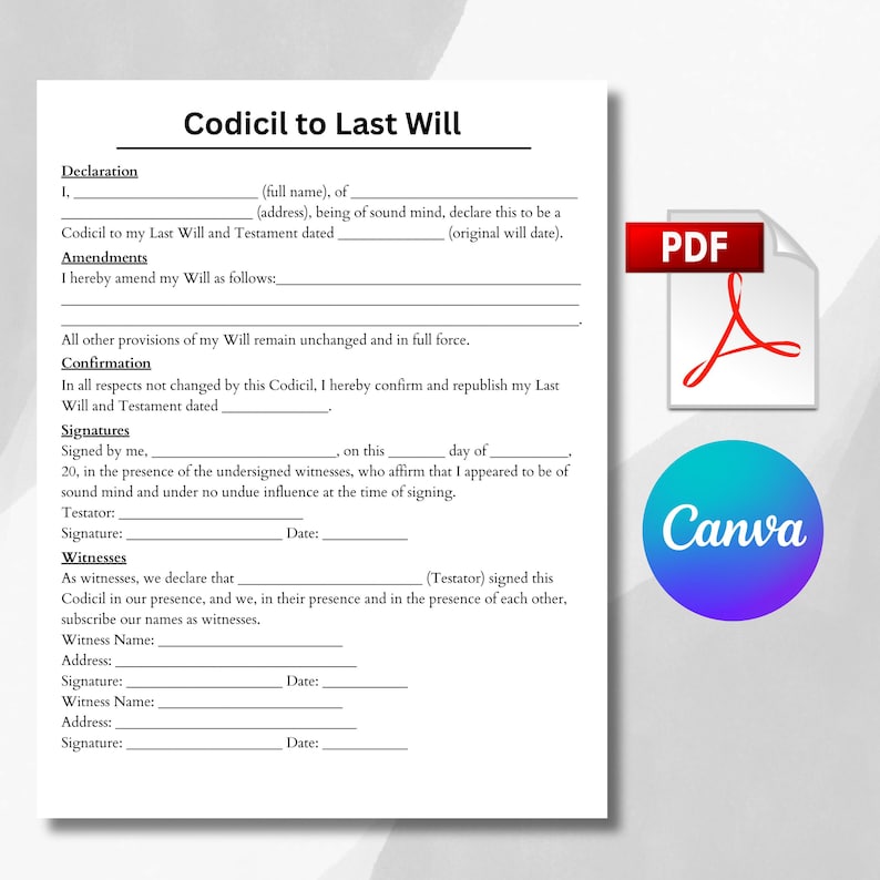 Codicil to Will Template: Printable & Editable Legal Form (US Letter ...