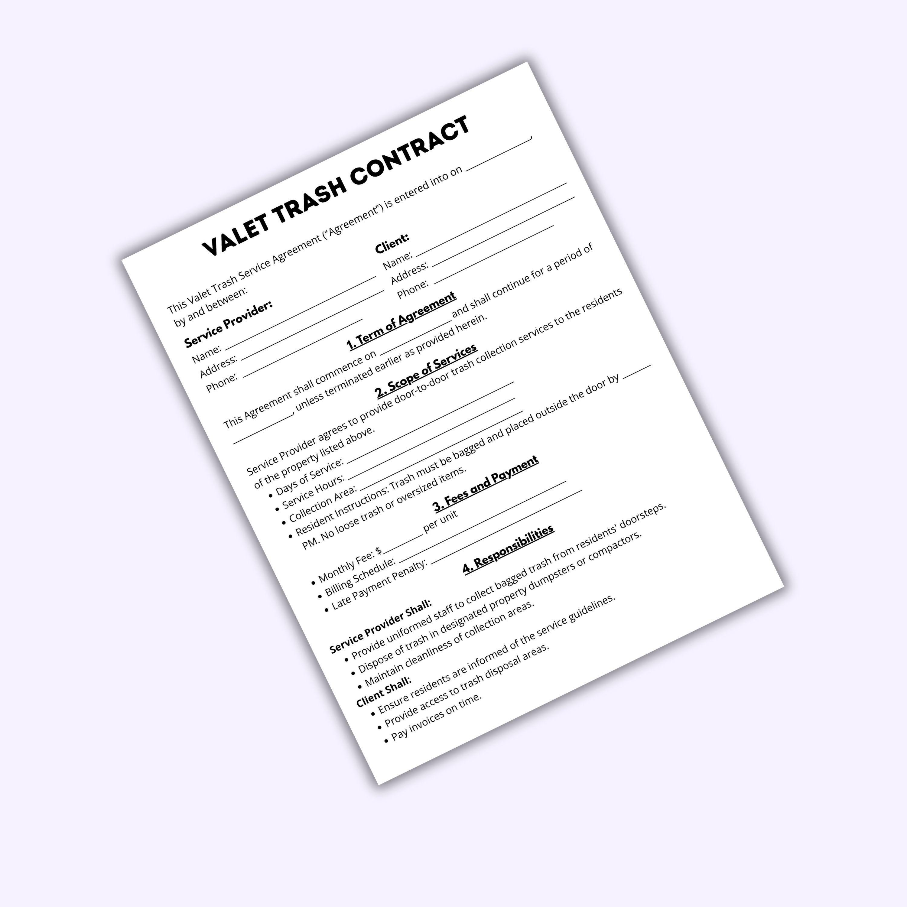 Valet Trash Contract, Waste Removal, Property Management, Garbage Service, Legal Agreement ...