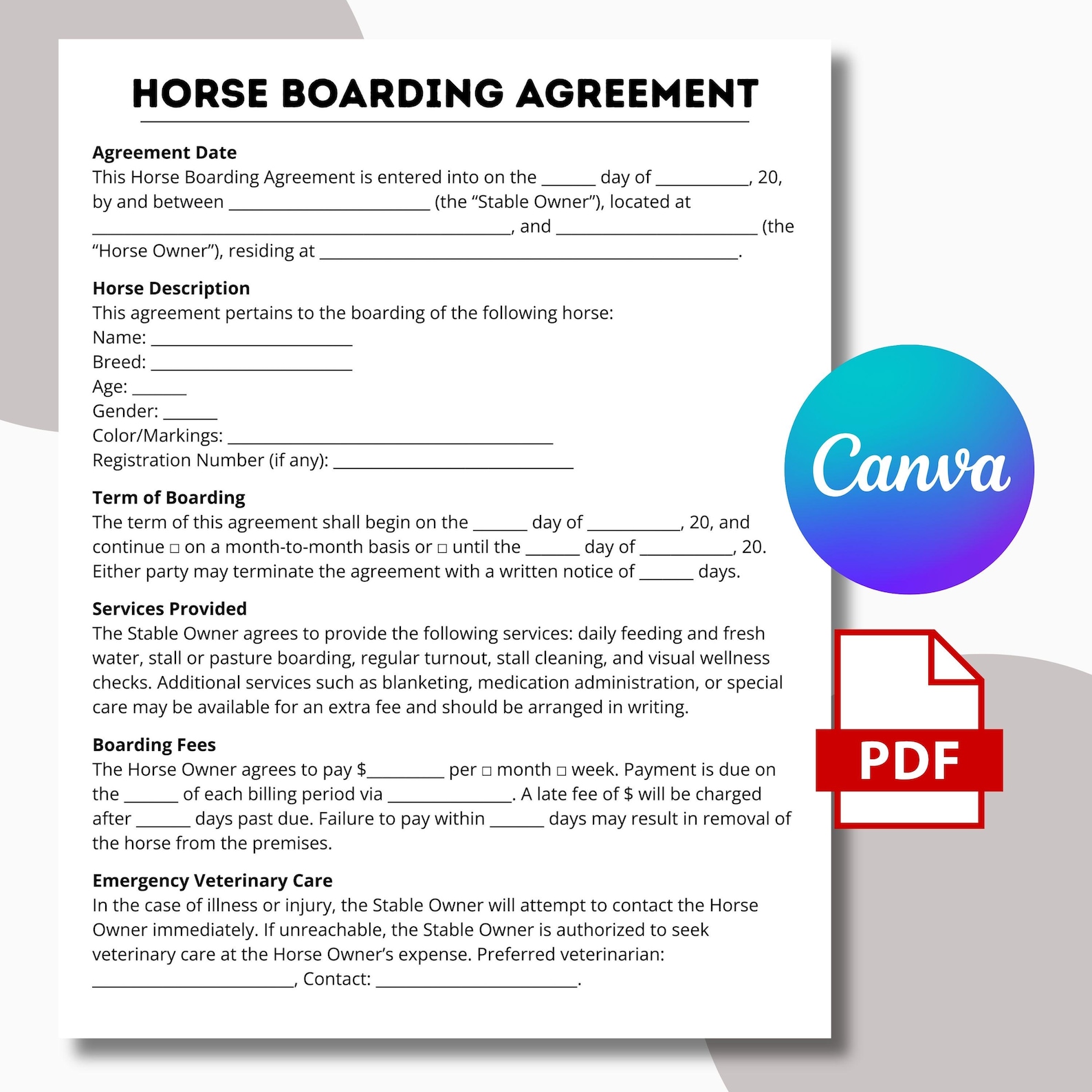 Horse Boarding, Boarding Contract, Horse Waiver, Agreement Form ...