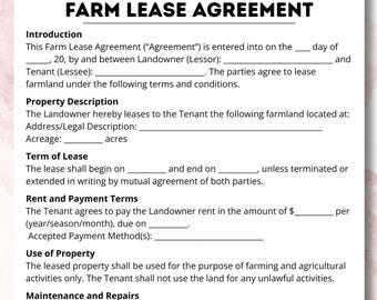 Simple Farm Lease Contract, One Page Agricultural Land Lease Form ...