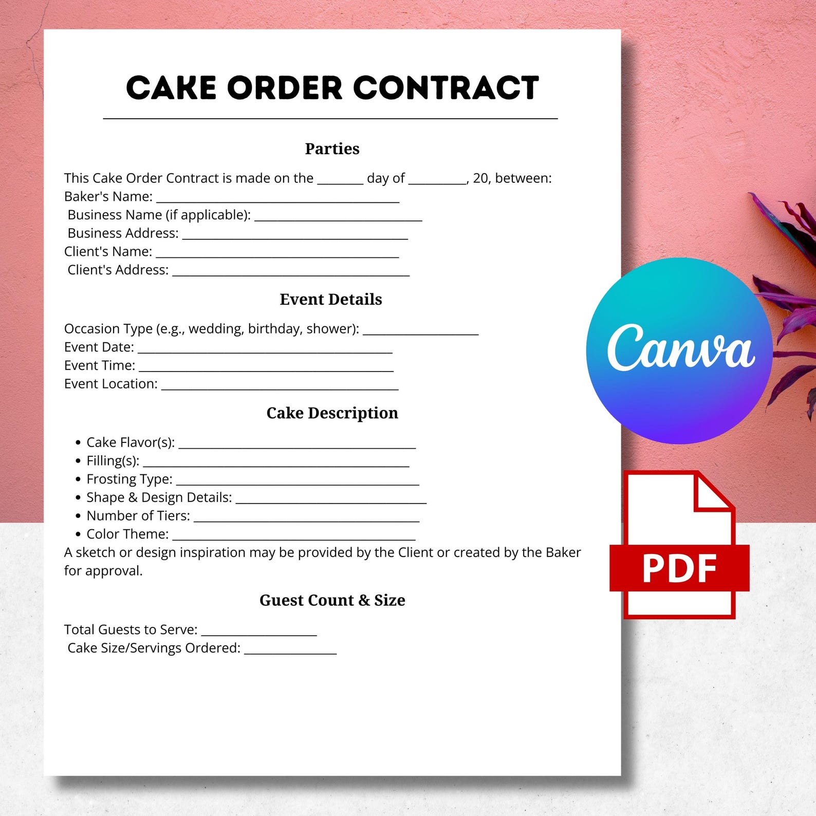 Cake Contract, Cake Order Contract, Contract Template, Editable ...
