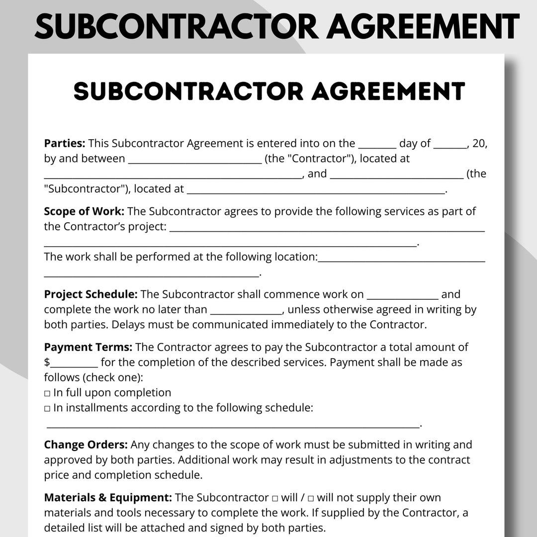 Subcontract Template, Subcontractor Forms, Subcontracting Contr ...