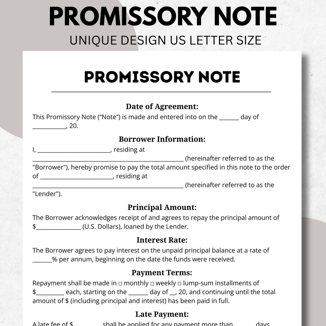 Promissory Note, Personal Loan, Loan Contract, Loan Agreement, Editable ...