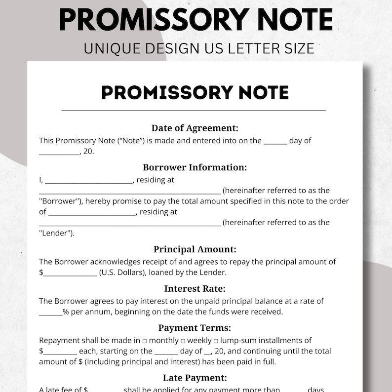 Promissory Note, Personal Loan, Loan Contract, Loan Agreement, Editable ...
